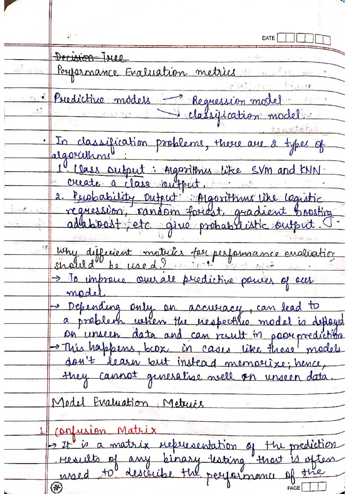 Performance evaluation metrics - B.Sc(H)Computer Science - Studocu