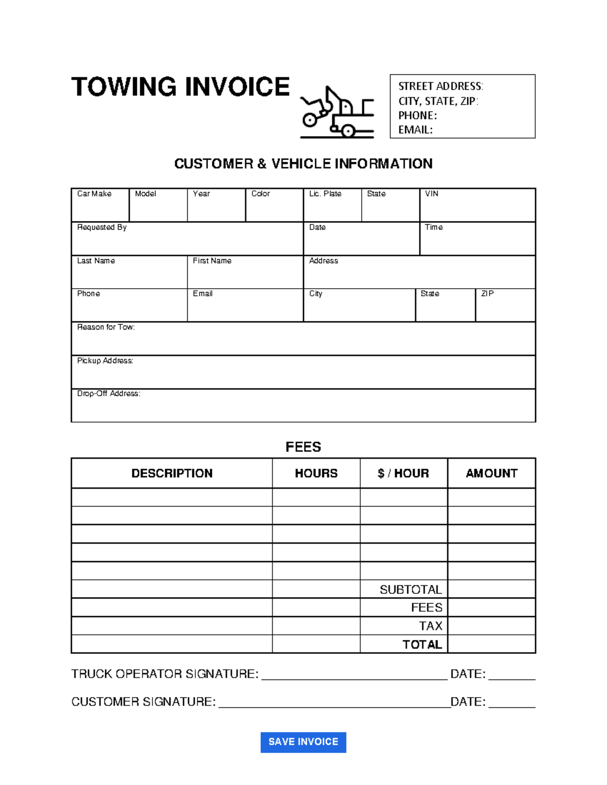 Towing-Invoice-Template - TOWING INVOICE CUSTOMER & VEHICLE INFORMATION ...