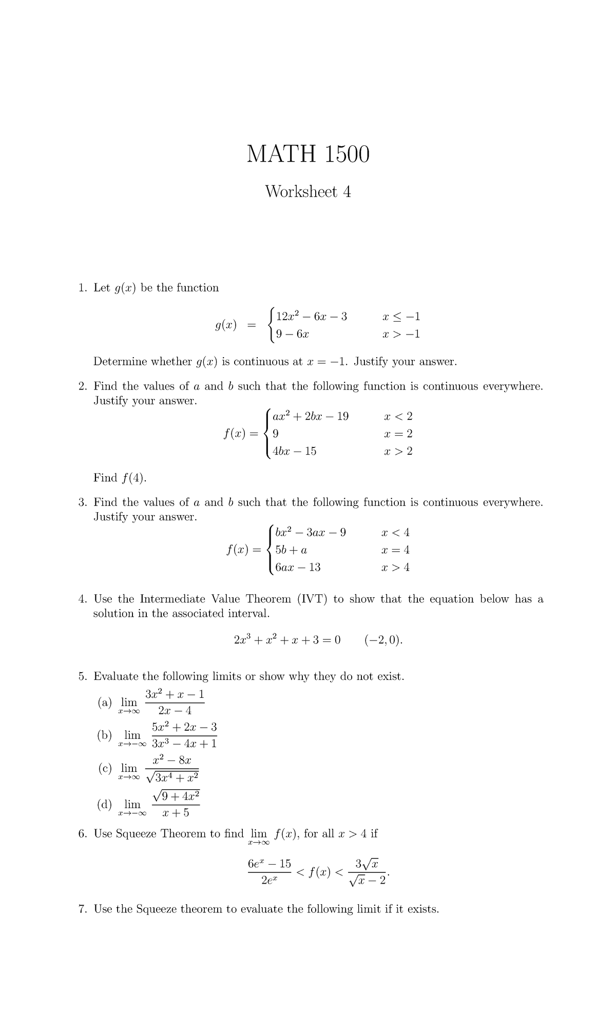 Worksheet 4 - questions - MATH 1500 Worksheet 4 Let g(x) be the ...