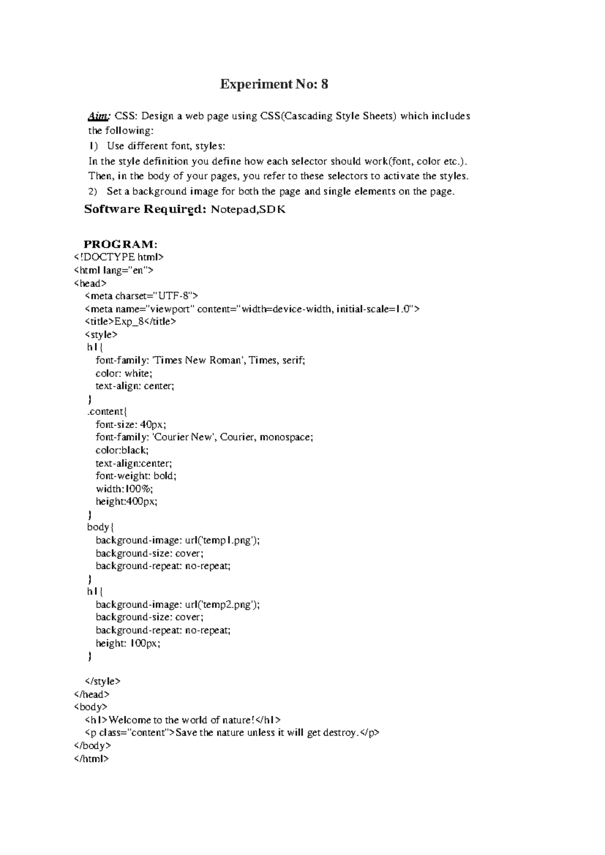 Web development - Important - Experiment No: 8 Aim: CSS: Design a web page using CSS(Cascading ...
