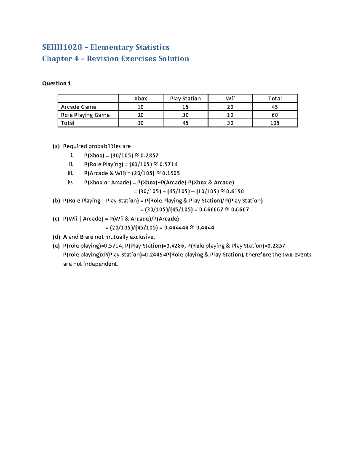 SEHH1028 Chapter 4 - Self-Revision Exercises Solution - SEHH 1028 – Elementary Statistics ...