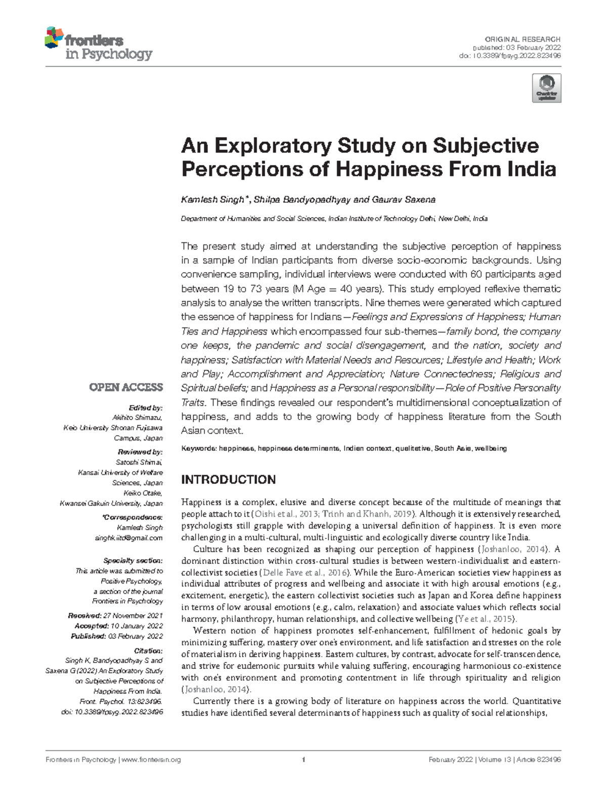 Subjective perceptions of happiness 240526 190550 - ORIGINAL RESEARCH published: 03 February ...