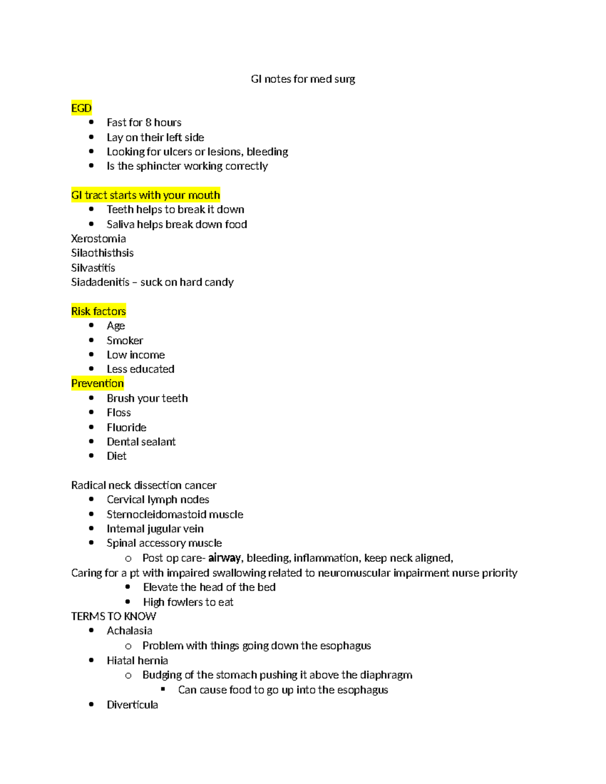 GI notes for med surg - GI notes for med surg EGD Fast for 8 hours Lay ...
