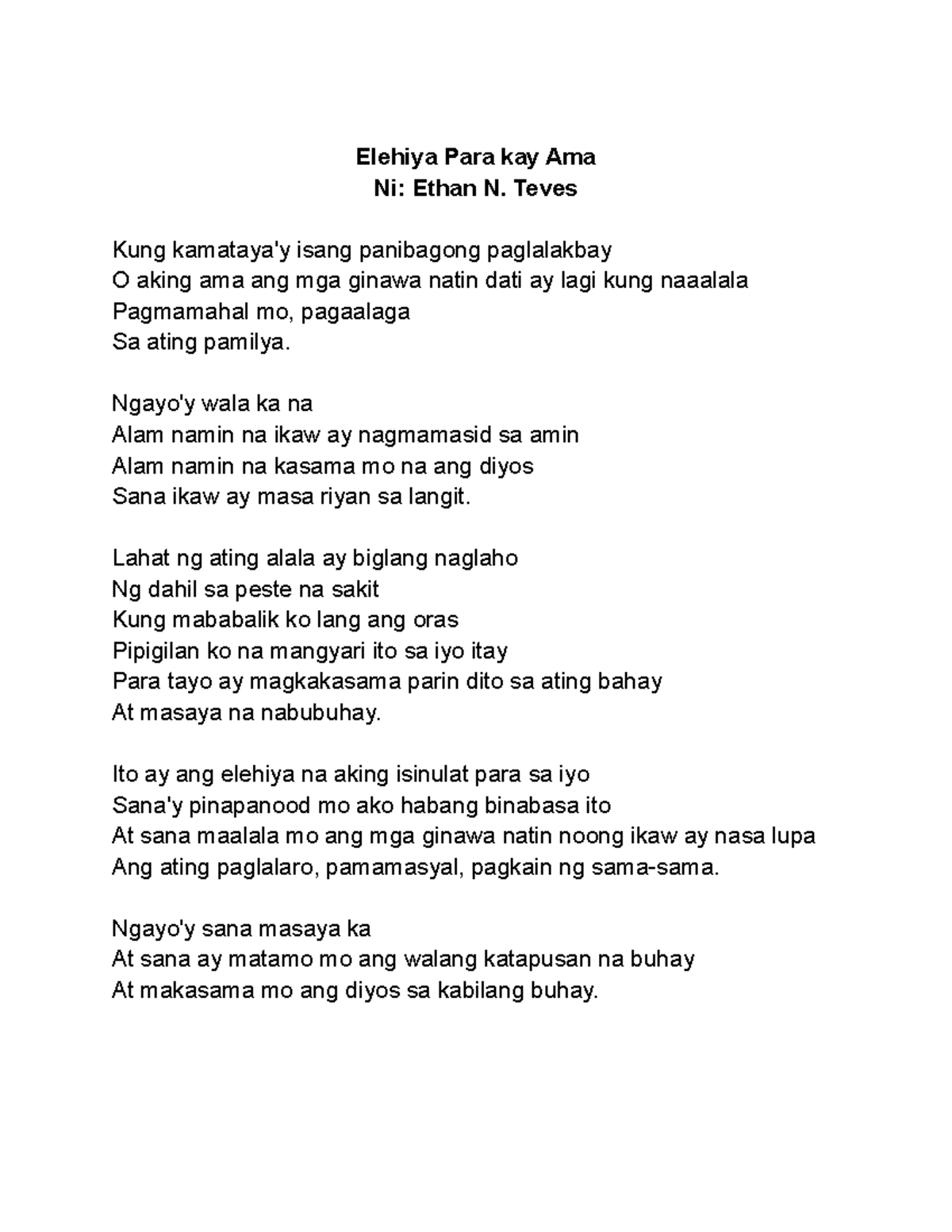 Elehiya Para kay Ama - Hmmm - Elehiya Para kay Ama Ni: Ethan N. Teves ...