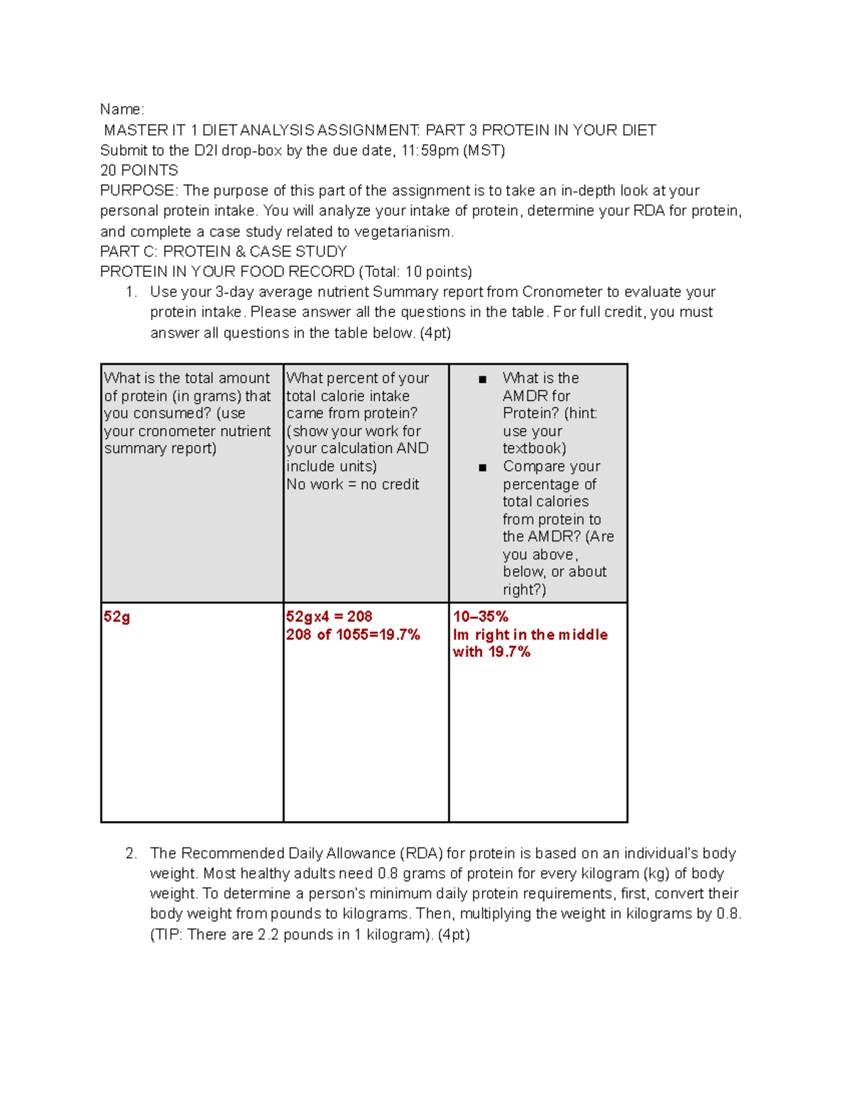 PART 3 Protein IN YOUR DIET - Name: MASTER IT 1 DIET ANALYSIS ...