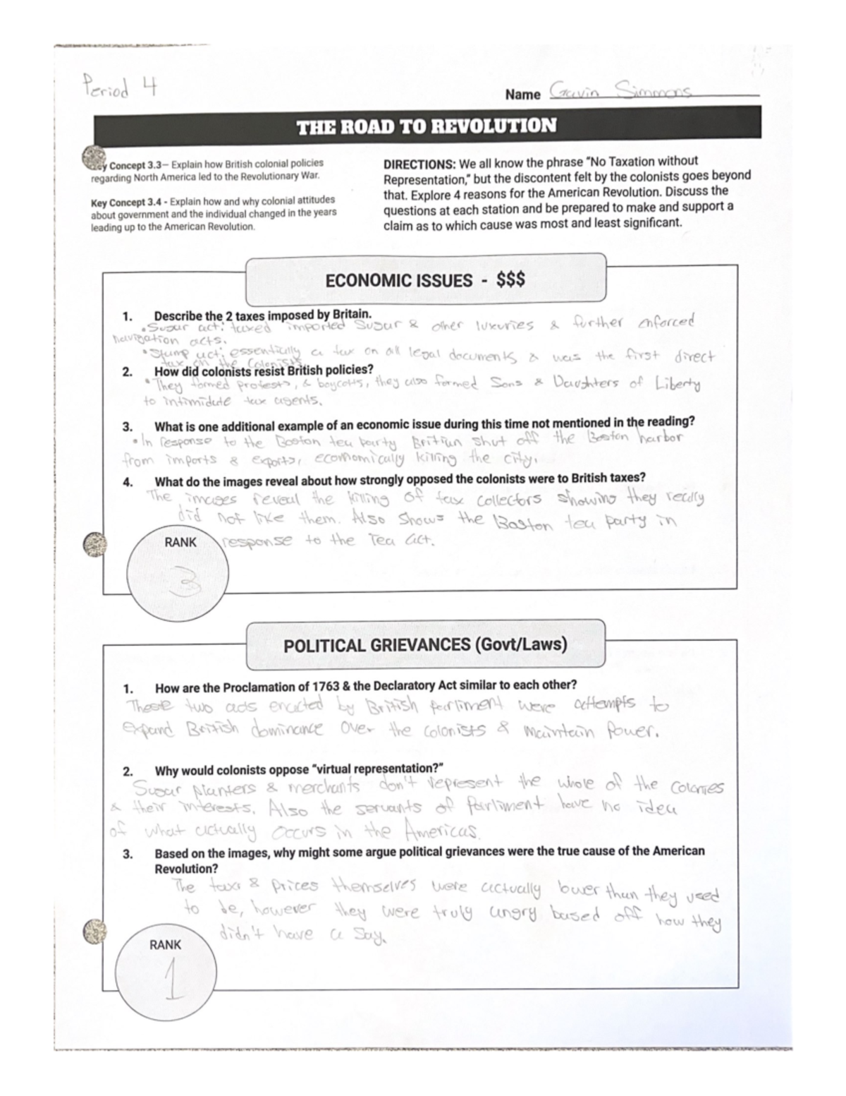 Period 4 - Grievances of colonists - Period 4 Name Gavin Simmons THE ...