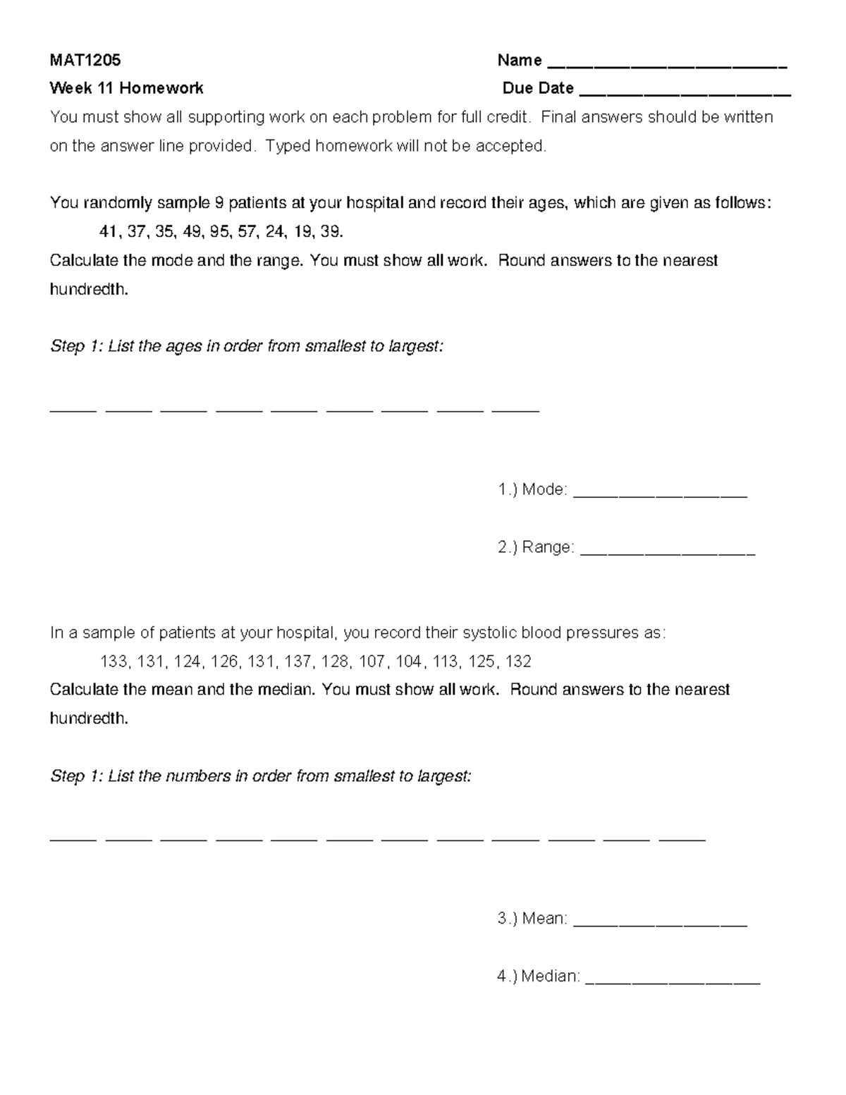 MAT1205 Week 11 Homework - MAT1205 Name __________________________ Week ...