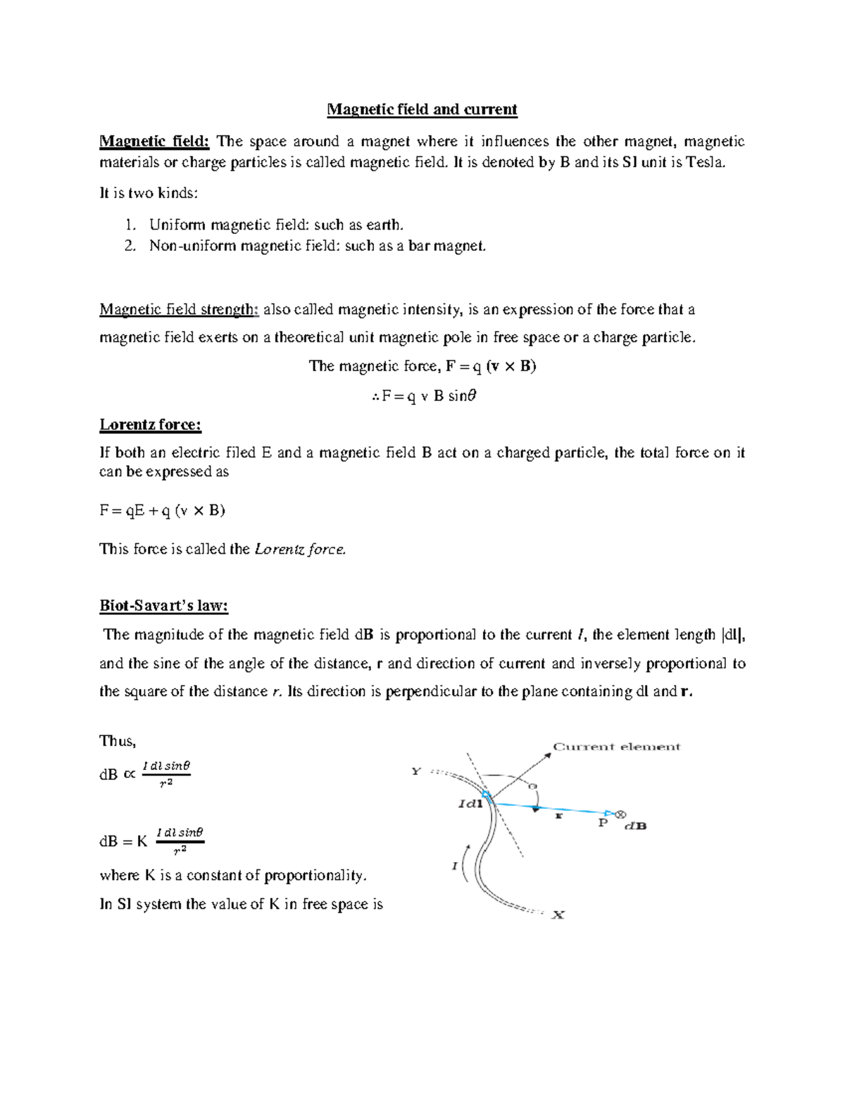 Magnetic-field - class notes - Magnetic field and current Magnetic ...