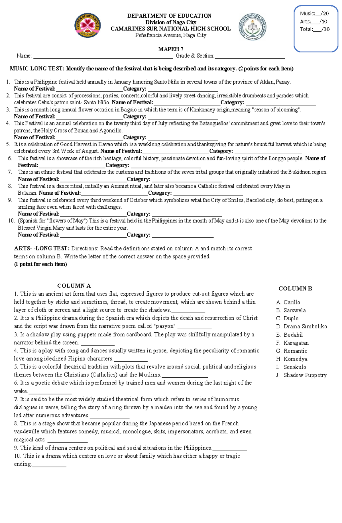 Long Test Mapeh 7 4TH Quarter - DEPARTMENT OF EDUCATION Division of ...