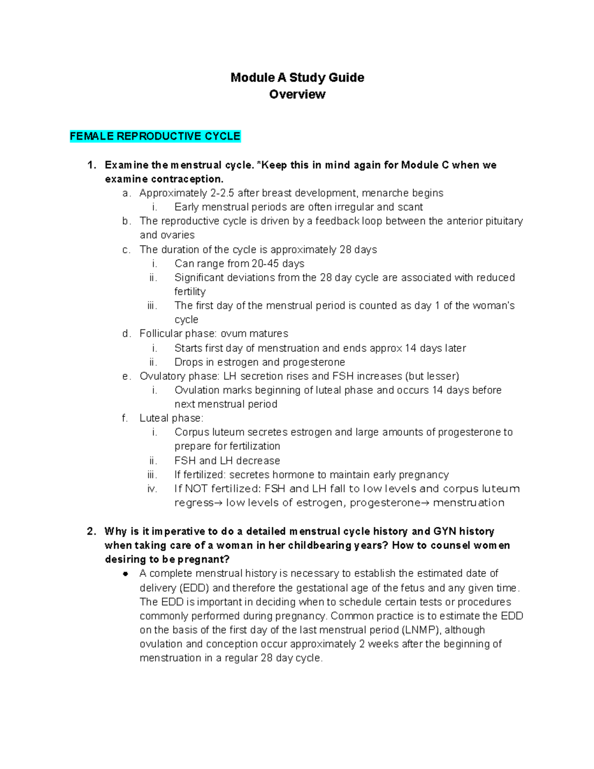 Perinatal module A review - Module A Study Guide Overview FEMALE ...