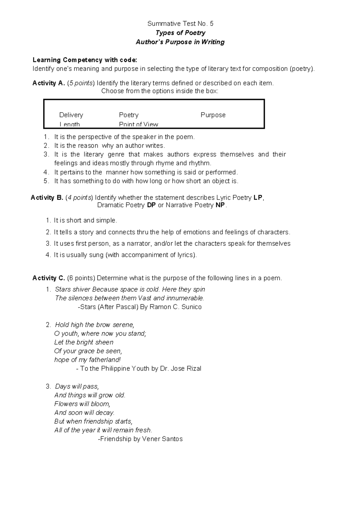 English 7 Quarter 1 Week 5 - Summative Test No. 5 Types of Poetry ...