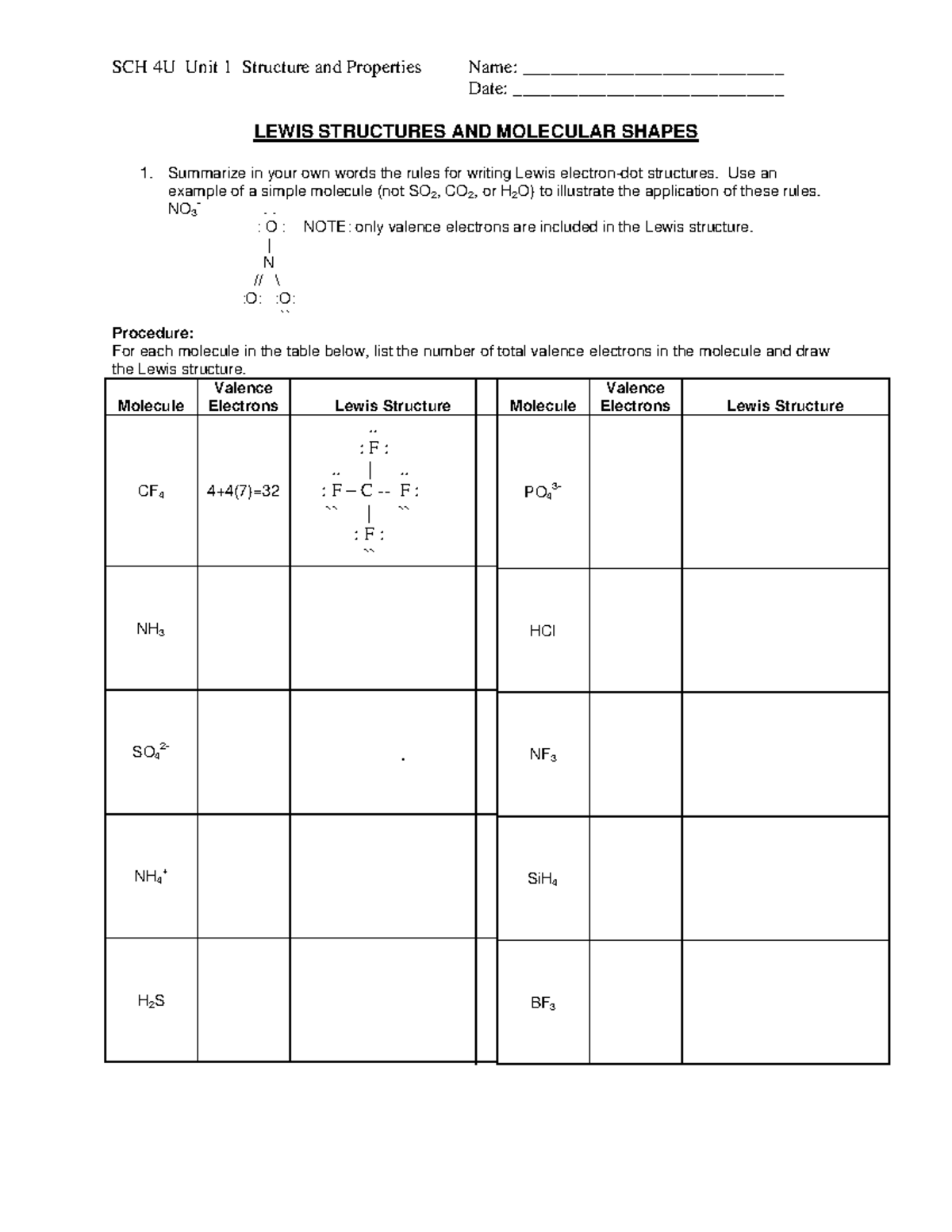 03 - Lewis Bonding Worksheet - SCH 4U Unit 1 Structure and Properties ...