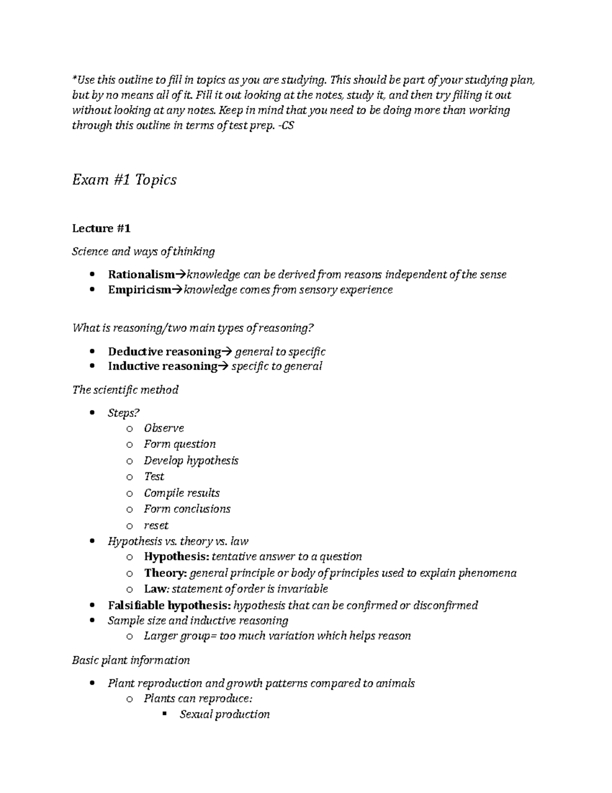 Exam1 outline SP19 - *Use this outline to fill in topics as you are ...