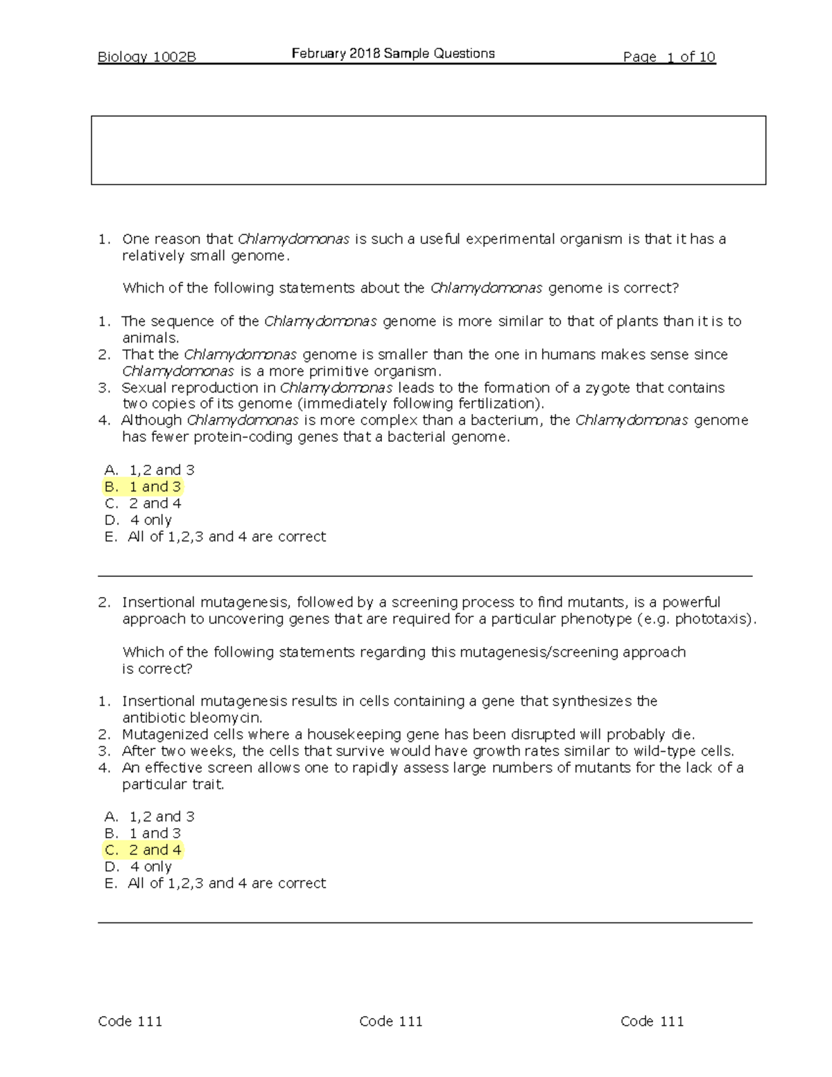 Sample/practice exam February 2018, answers - Biology 1002B February ...