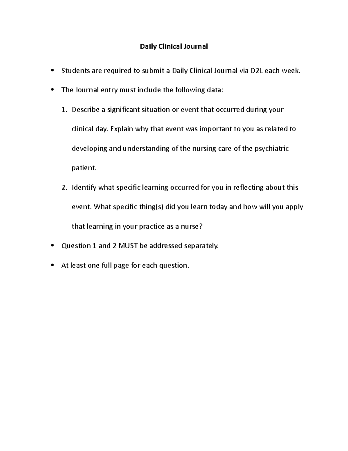 Daily Clinical Journal - The Journal entry must include the following ...