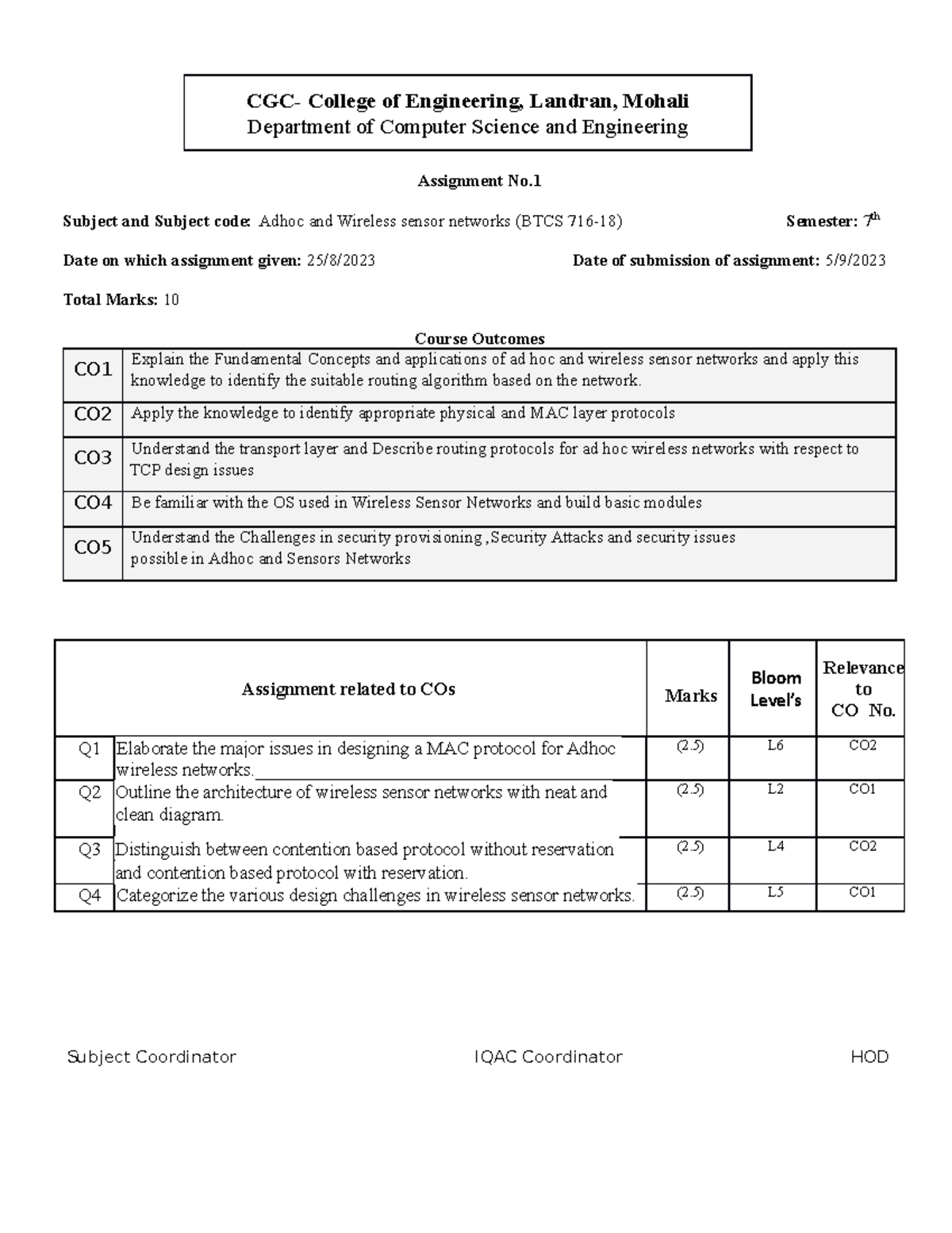 AWSN Assignment-1 - assignment - CGC- College of Engineering, Landran ...