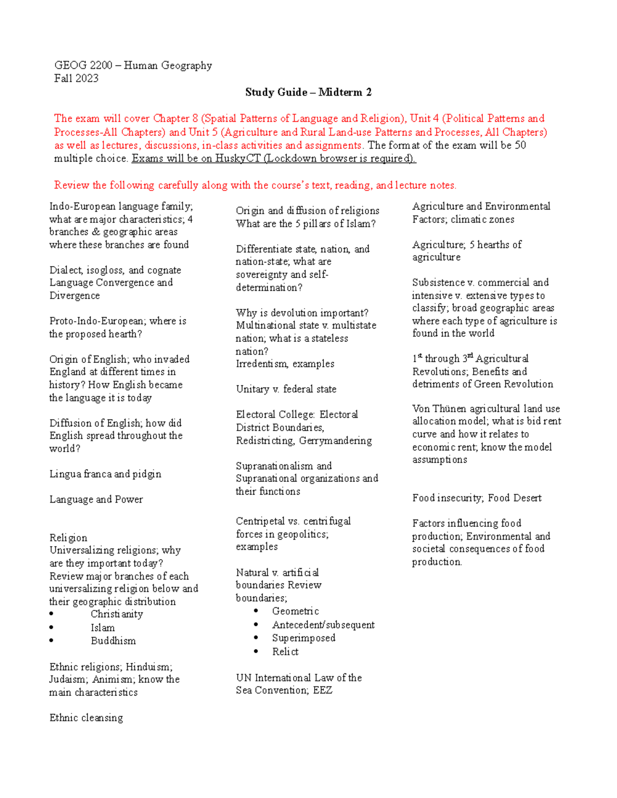 Study guide midterm 2 - GEOG 2200 – Human Geography Fall 2023 Study ...