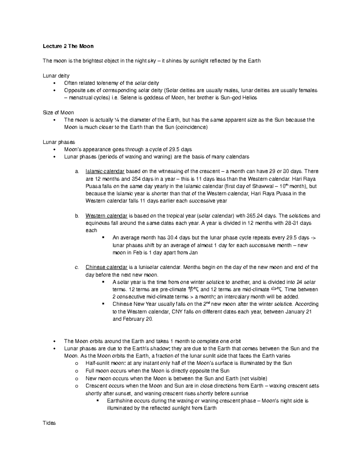 Lecture notes summaries - Lecture 2 The Moon The moon is the brightest ...