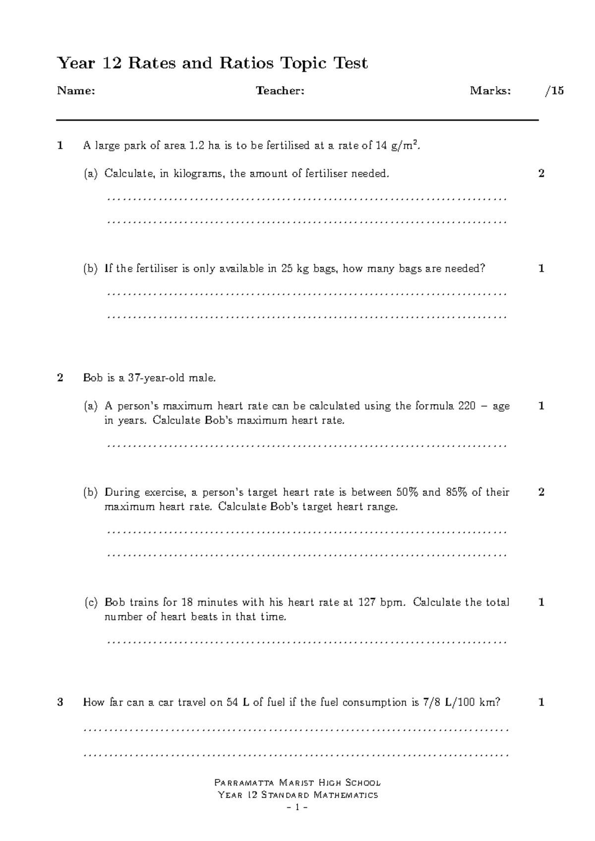 Year 12 2023 Rates and Ratios Topic Test - Year 12 Rates and Ratios ...