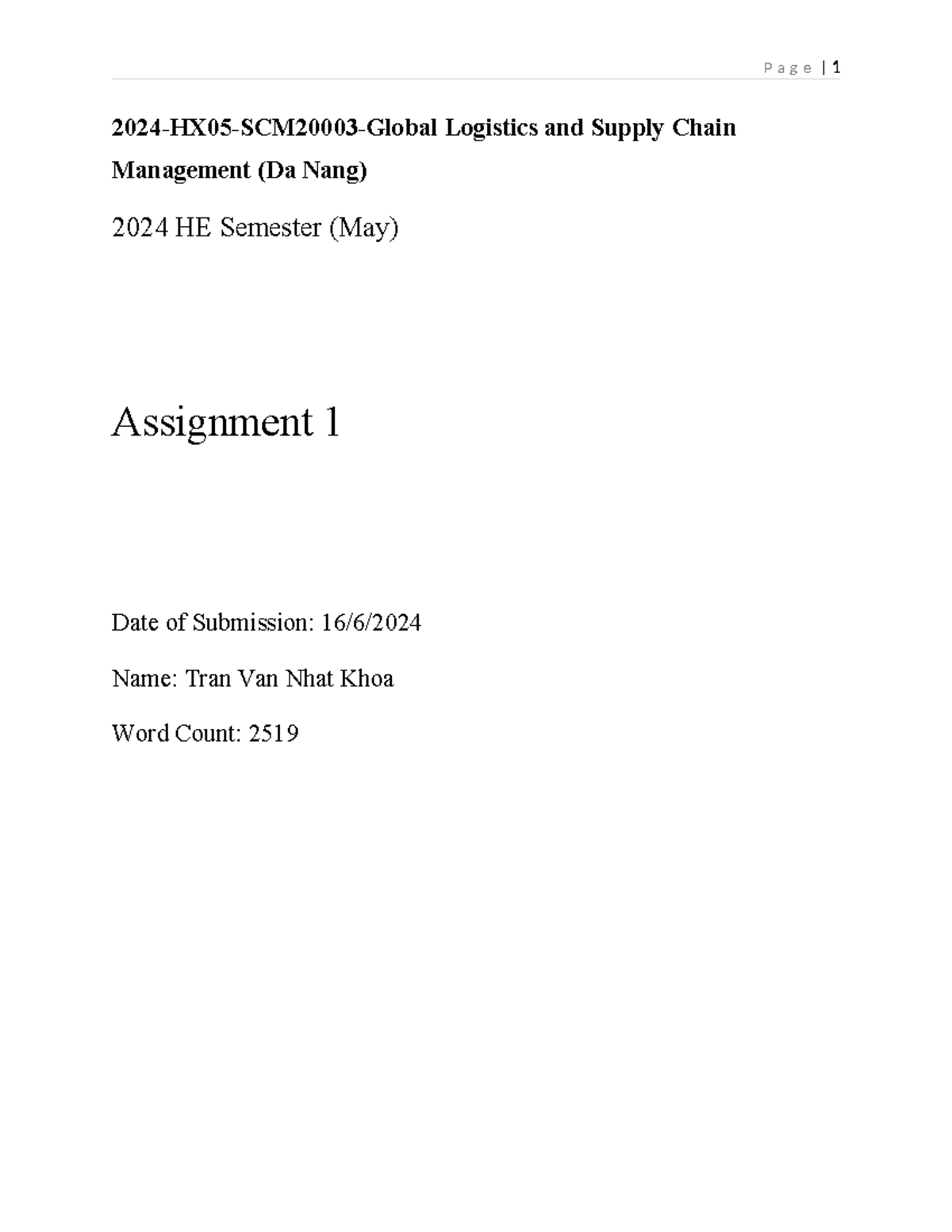 SCM-ASS1-tranvannhatkhoa - 2024-HX05-SCM20003-Global Logistics and ...