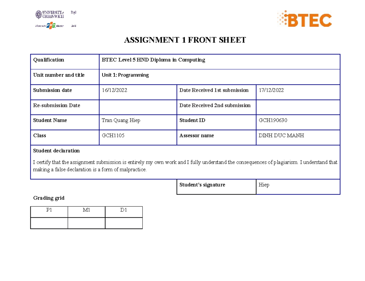161 - asm1 - ASSIGNMENT 1 FRONT SHEET Qualification BTEC Level 5 HND Diploma in Computing Unit ...