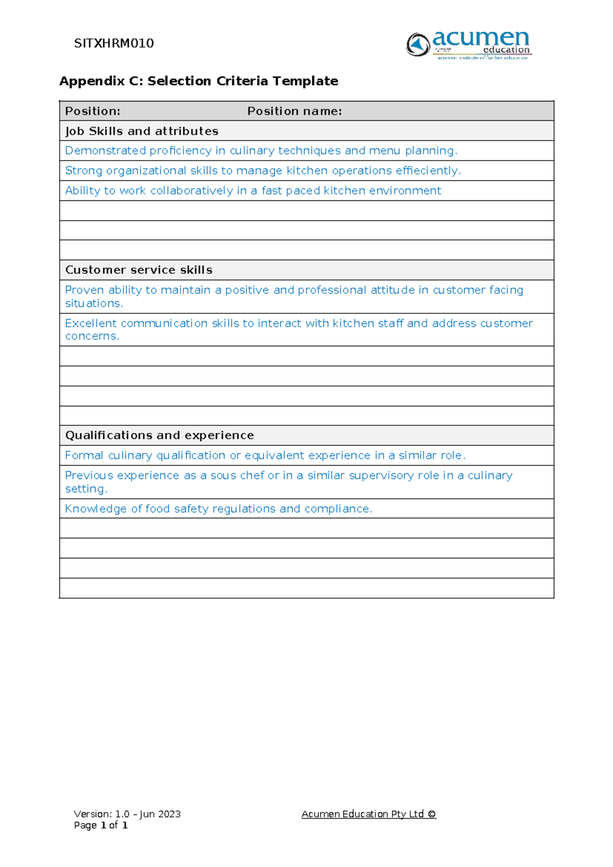 Cee480b7-dd0a-48b2-9beb-4c83c1be6adb C selection creteria - SITXHRM ...