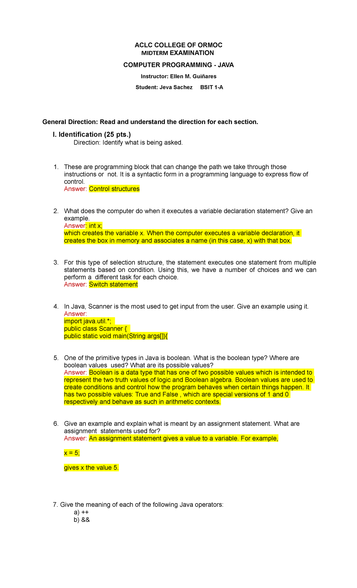 Sanchez, JEVA Midterm Examsheet - ACLC COLLEGE OF ORMOC MIDTERM ...