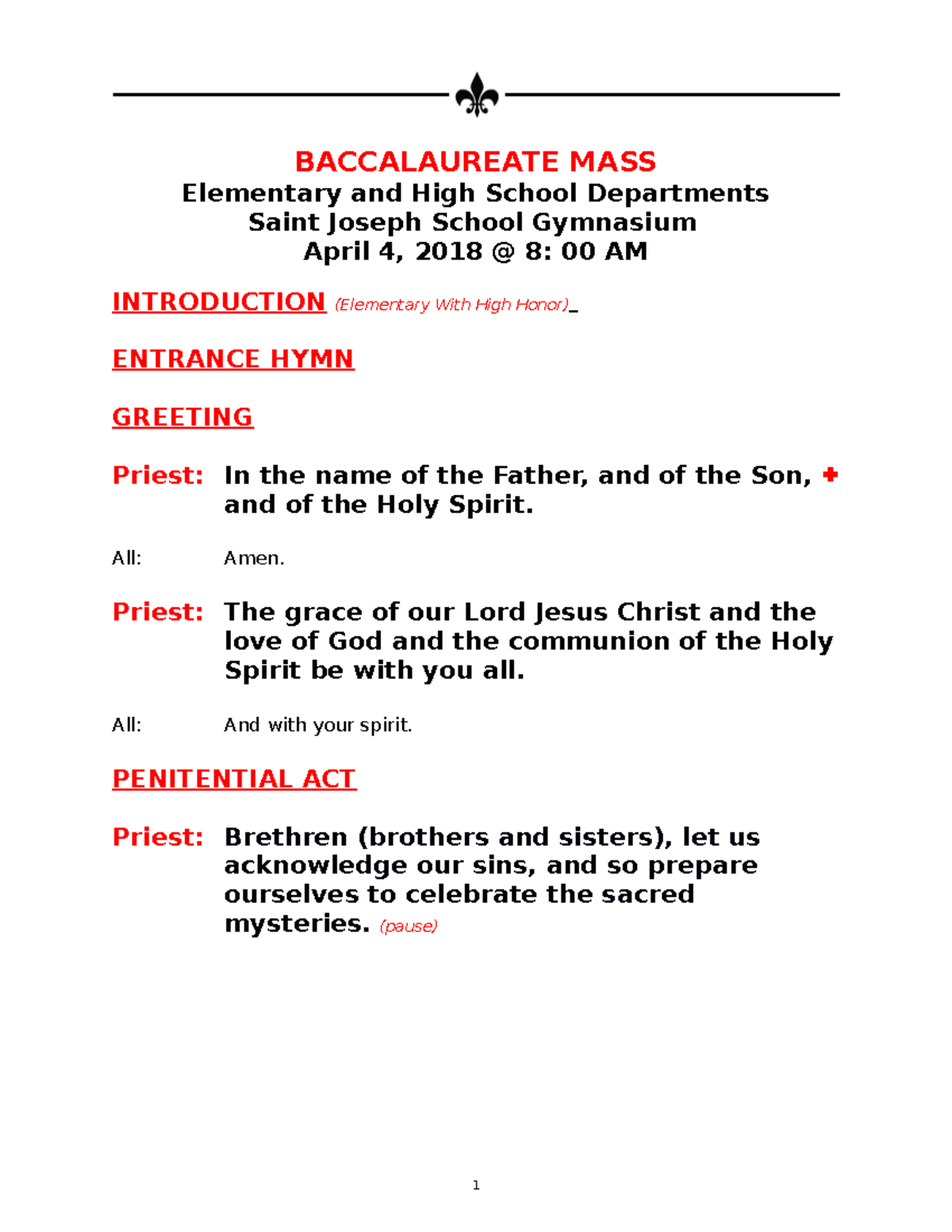 Graduation Mass - BACCALAUREATE MASS Elementary and High School ...