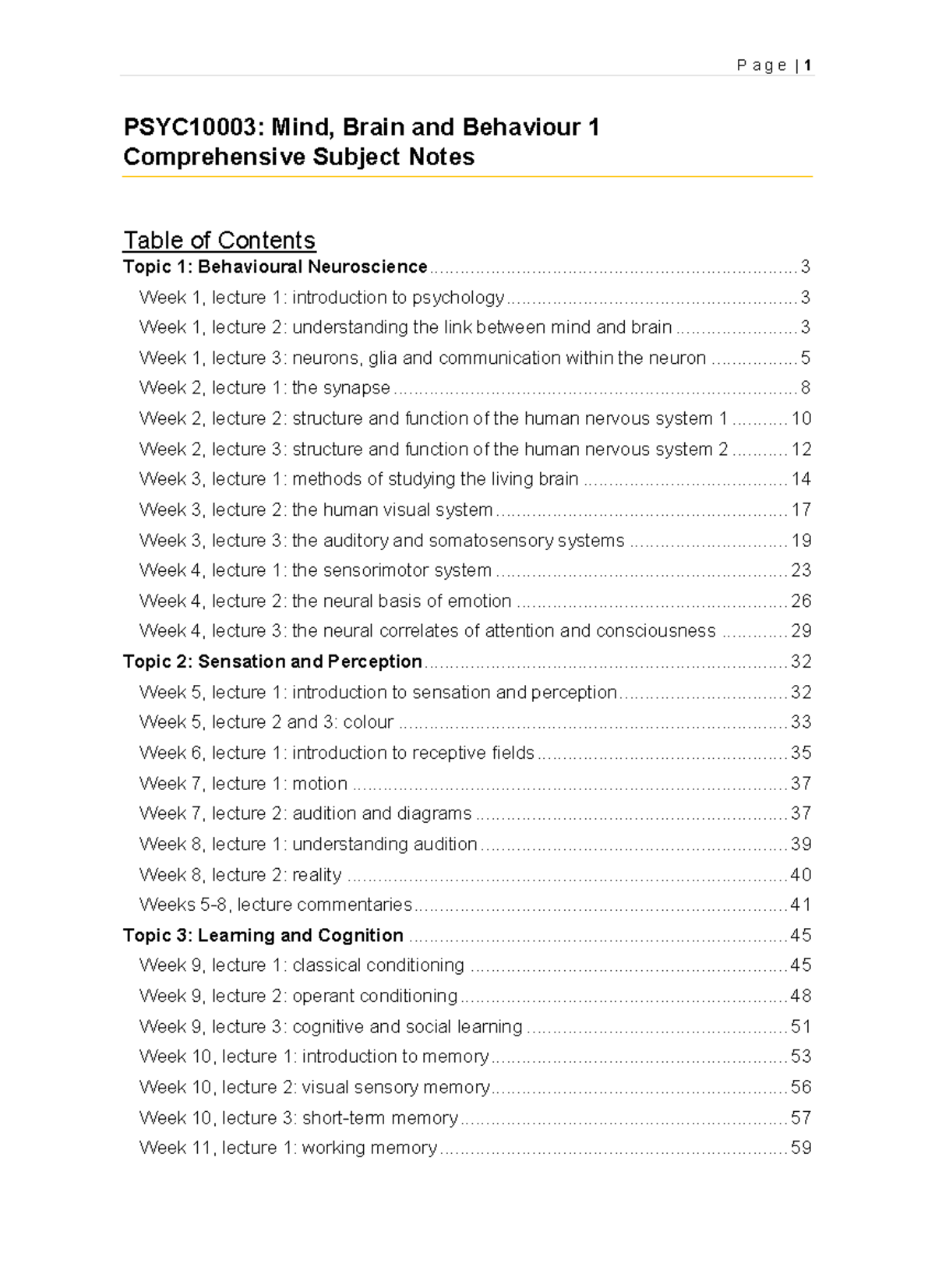 PSYC10003 subject notes - Page |1 PSYC10003: Mind, Brain and Behaviour ...
