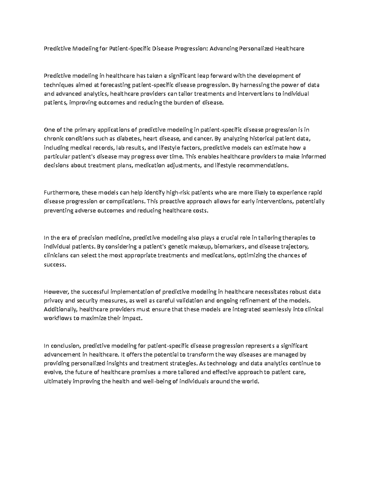 Predictive Modeling for Patient - Predictive Modeling for Patient-Specific Disease Progression ...