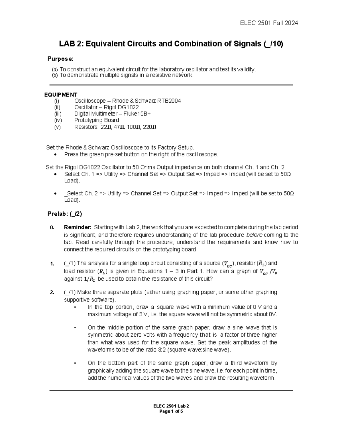 ELEC2501-Fall 2024-Lab-21 - ELEC 2501 Lab 2 LAB 2: Equivalent Circuits ...