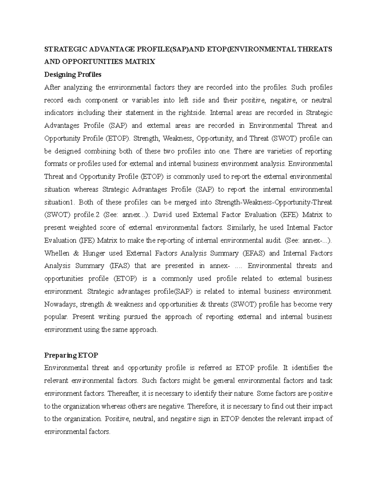 SAP AND ETOP - Year 3 - STRATEGIC ADVANTAGE PROFILE(SAP)AND ETOP ...
