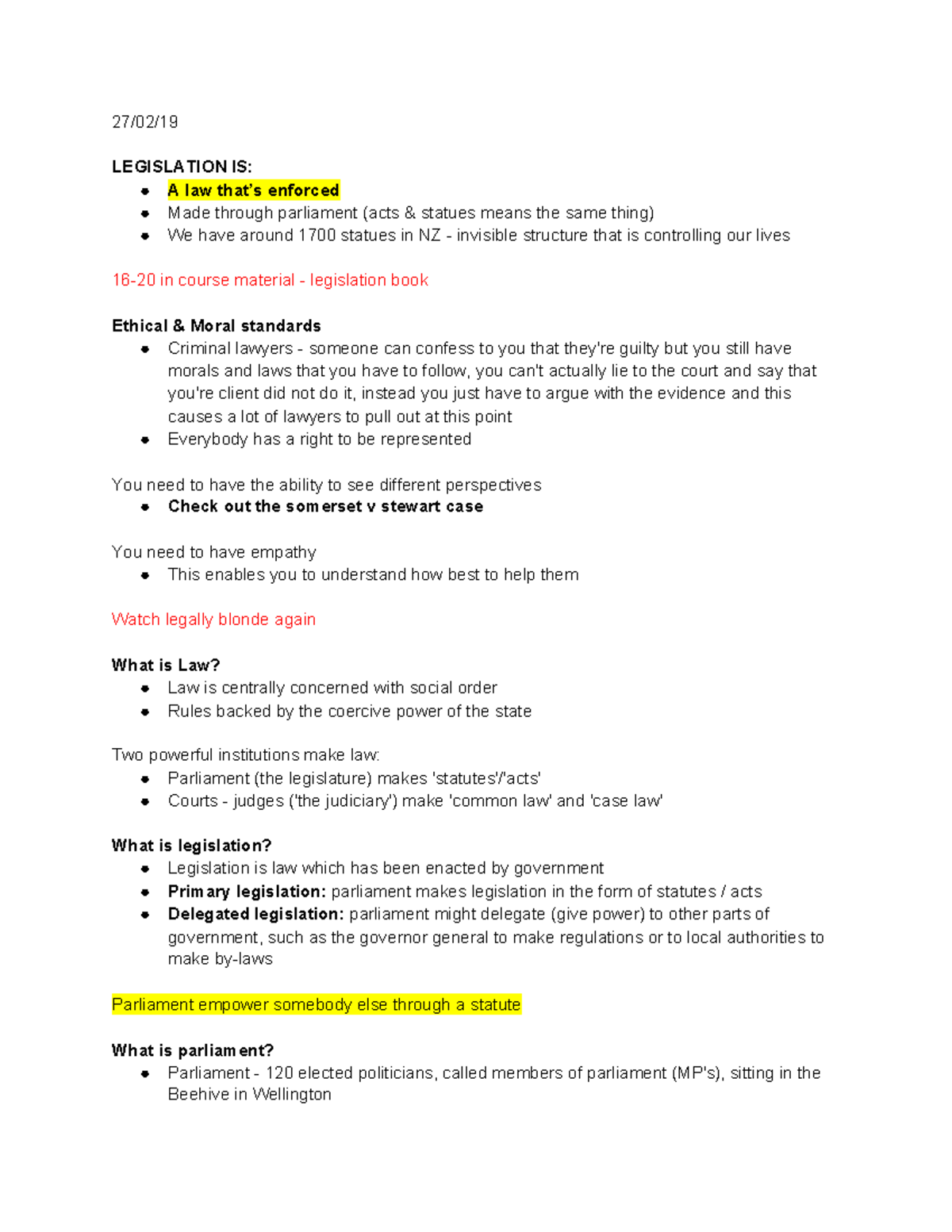 LAWS101 - Legislation lecture notes + tutorials - 27/02/ LEGISLATION IS ...