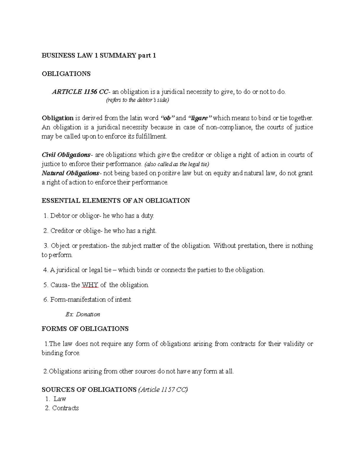 PART 1 BLAW 1 Summary - BUSINESS LAW 1 SUMMARY part 1 OBLIGATIONS ARTICLE 1156 CC - an ...