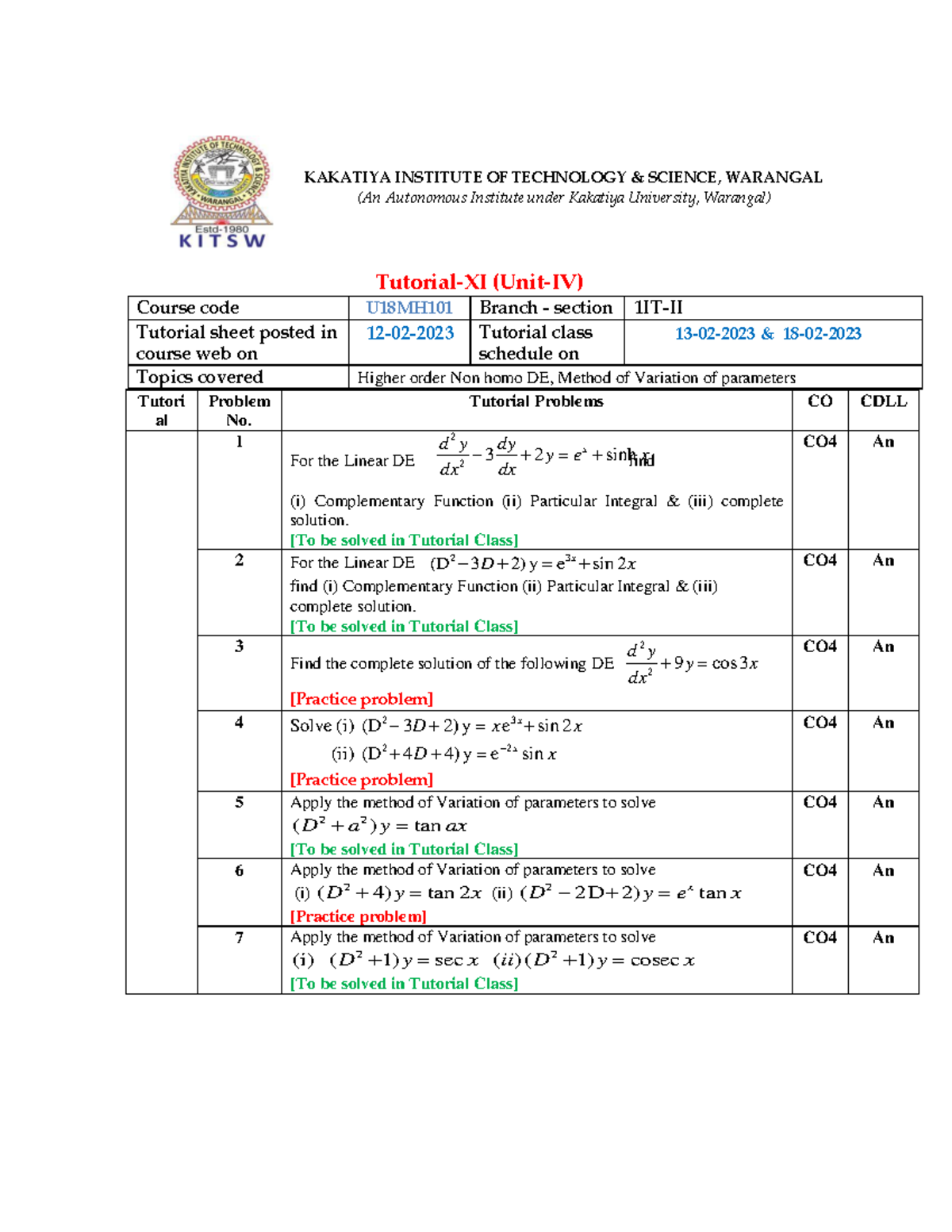 EM1-T-11 - Engineering mathematics important tutorials 11 - KAKATIYA INSTITUTE OF TECHNOLOGY ...