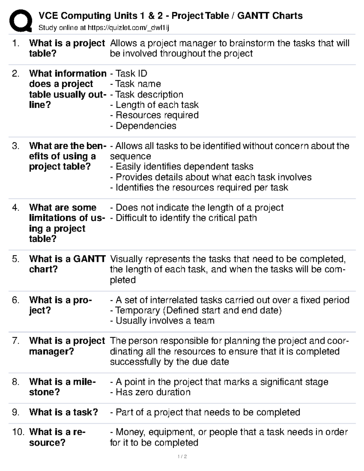 Project Tables and GANTT Chart Definitions - VCE Computing Units 1 & 2 - Project Table / GANTT ...
