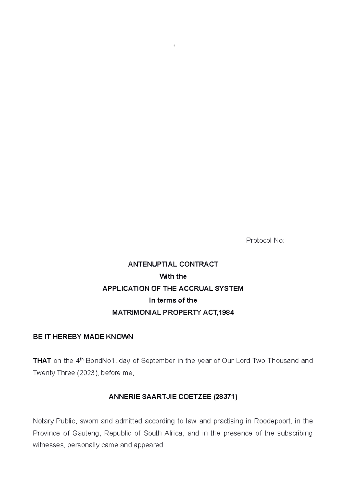 ANC WITH Accruel System - Protocol No: ANTENUPTIAL CONTRACT With the ...