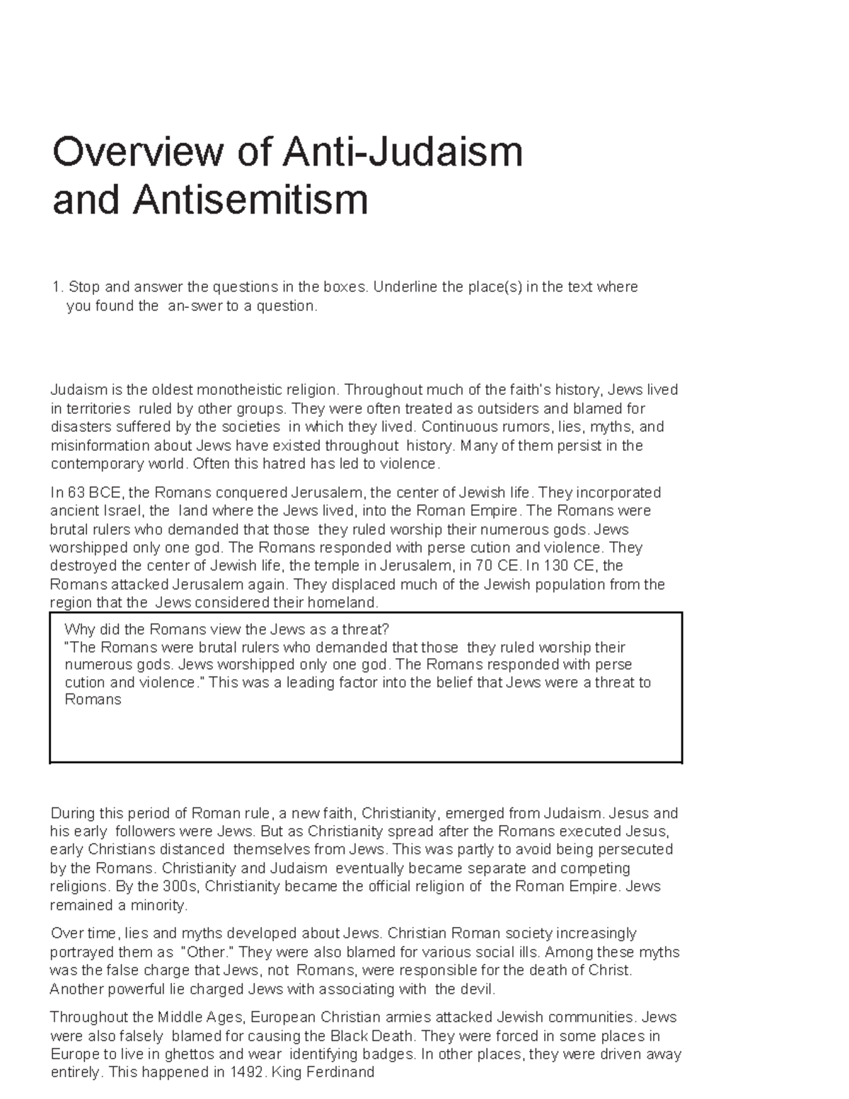 Overview of Anti Judaism & Antisemitism - Handout Overview of Anti ...