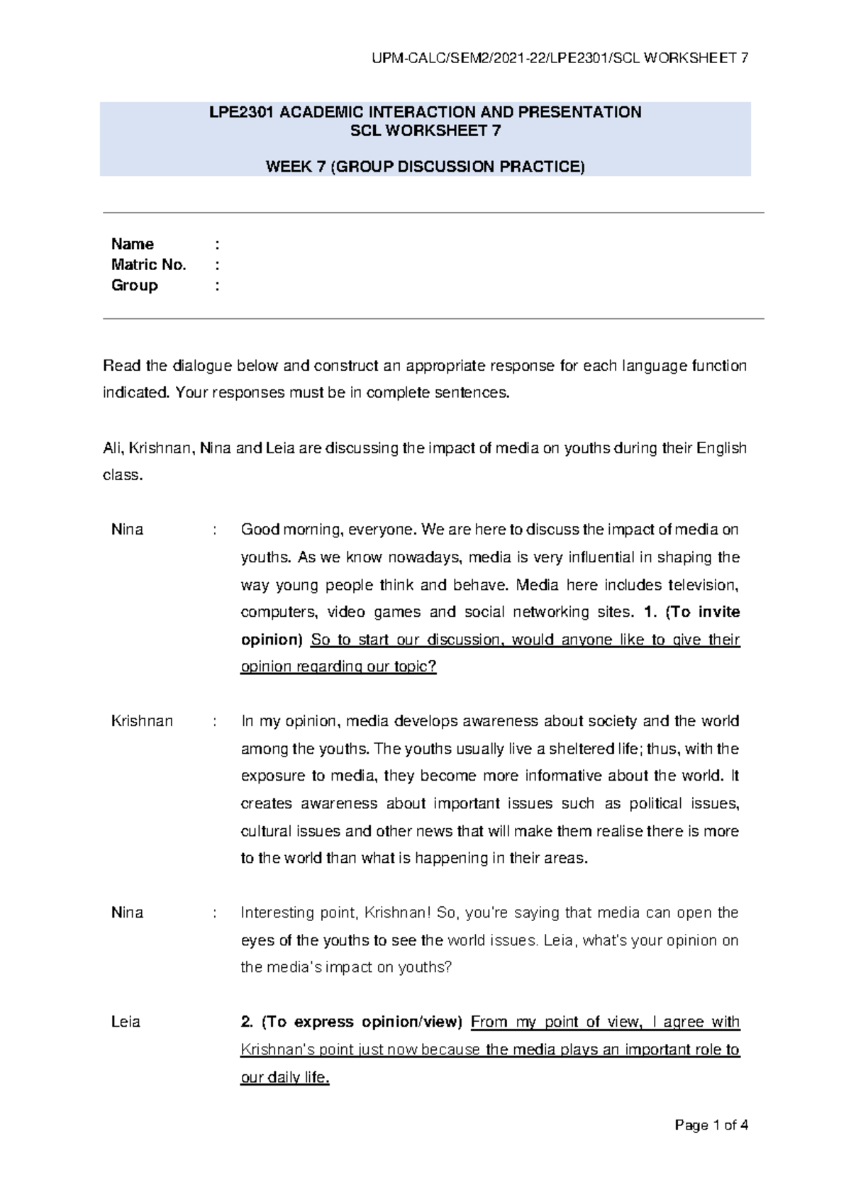 SCL Worksheet 7 (GROUP DISCUSSION PRACTICE) - LPE2301 ACADEMIC ...