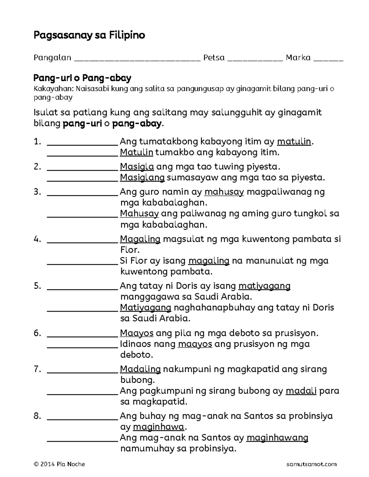 Pang-uri-o-pang-abay 1-1 - Pagsasanay sa Filipino Pangalan ...
