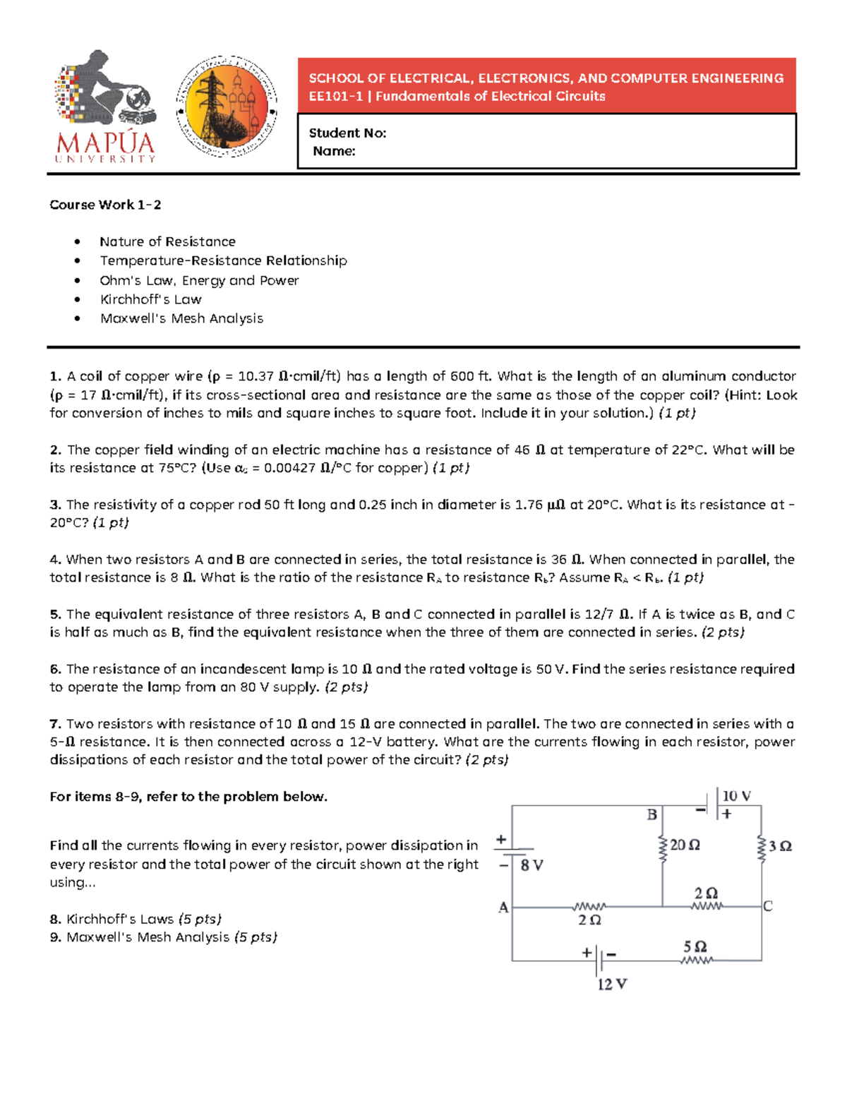 EE101-1 Course Work 1-2 - Course Work 1- 2 - Nature of Resistance ...