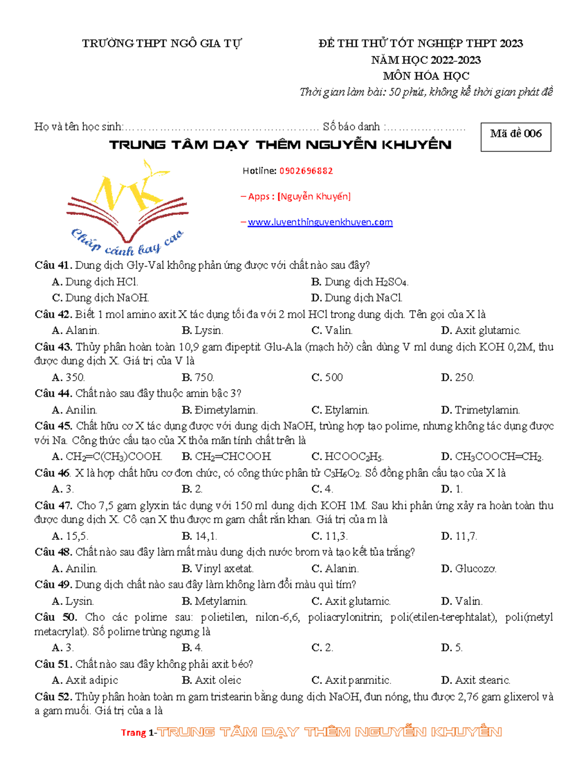 5 Thith 1 - Đề ôn luyện hóa TN THPT 1 - TRƯỜNG THPT NGÔ GIA TỰ ĐỀ THI ...