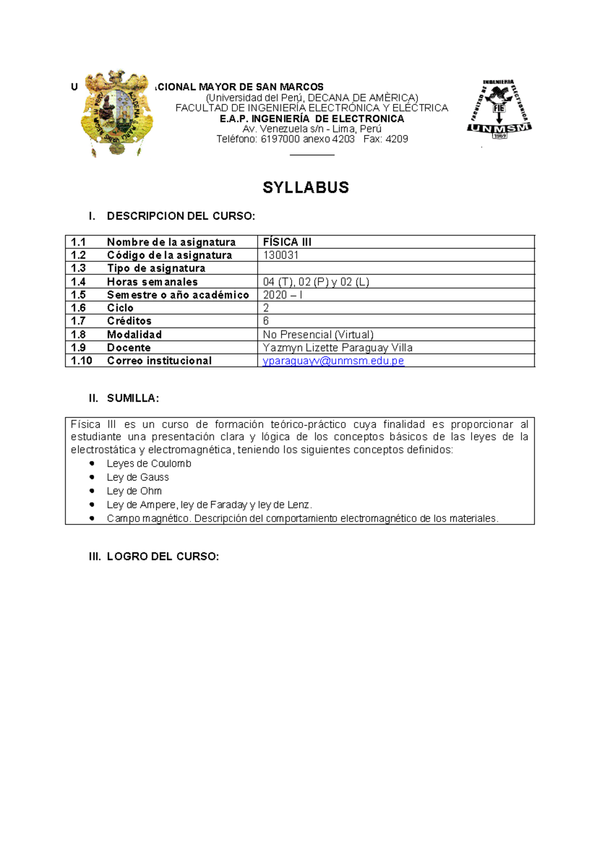 Silabus Referencial - silabo de fisica - UNIVERSIDAD NACIONAL MAYOR DE ...