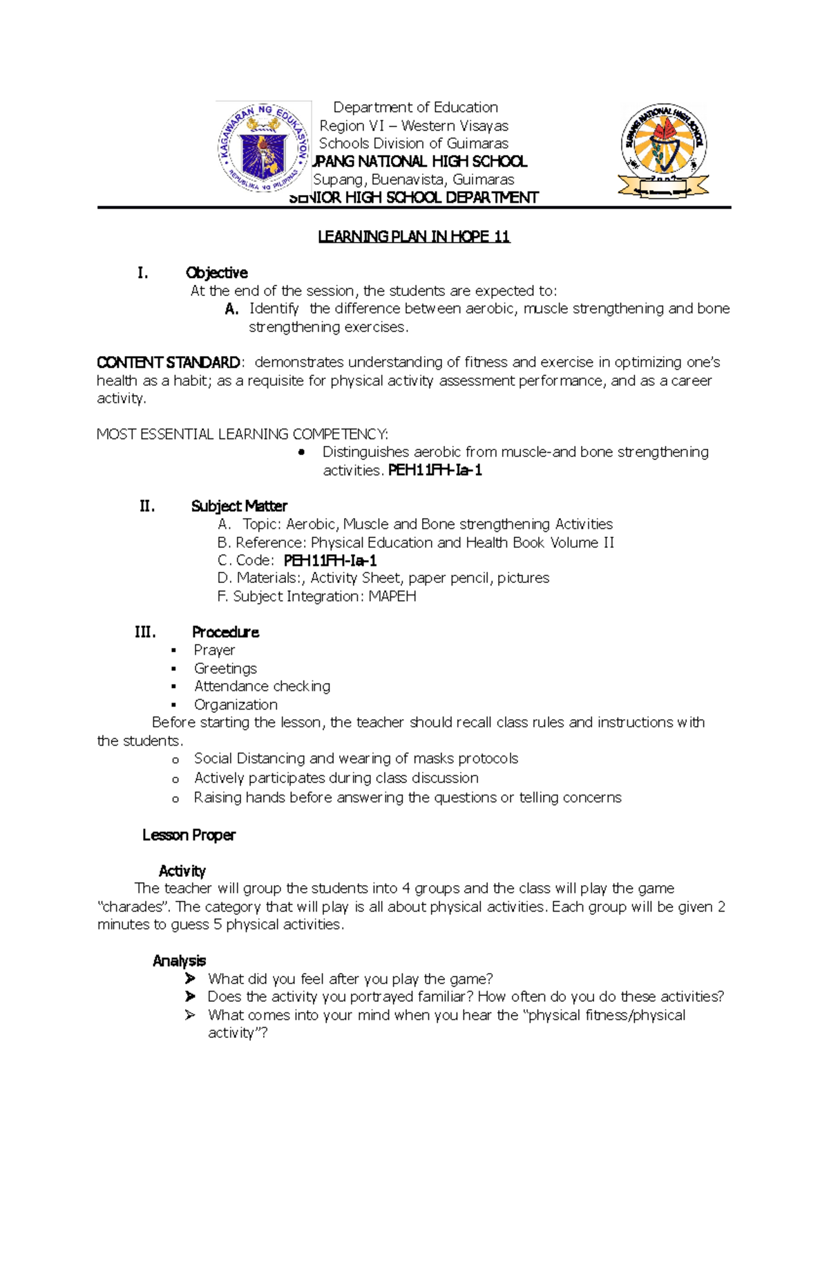 Lesson PLAN IN HOPE 11 - Department of Education Region VI – Western ...