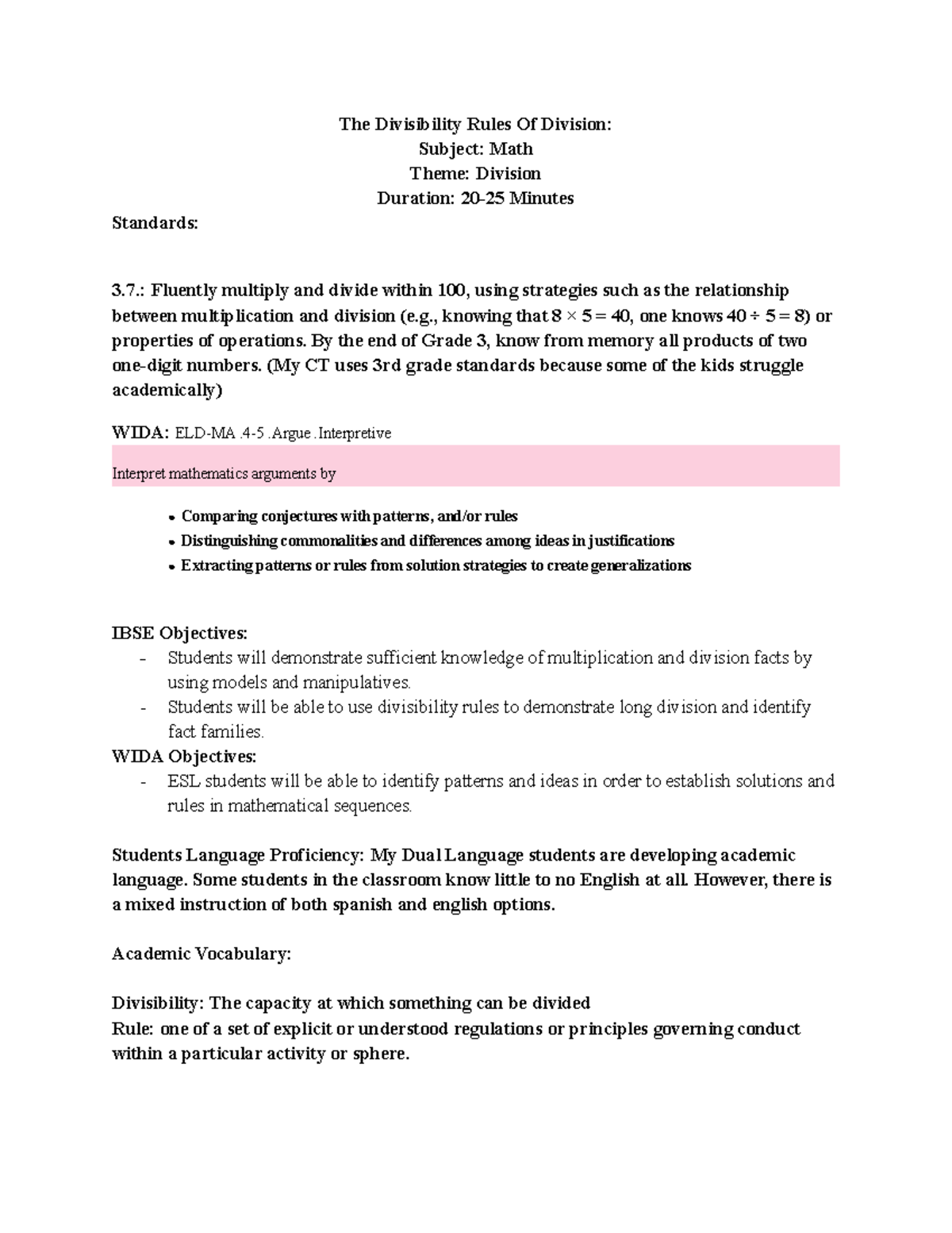 Less Plan #1 Ms. Garcia's 4th Grade Class - The Divisibility Rules Of ...