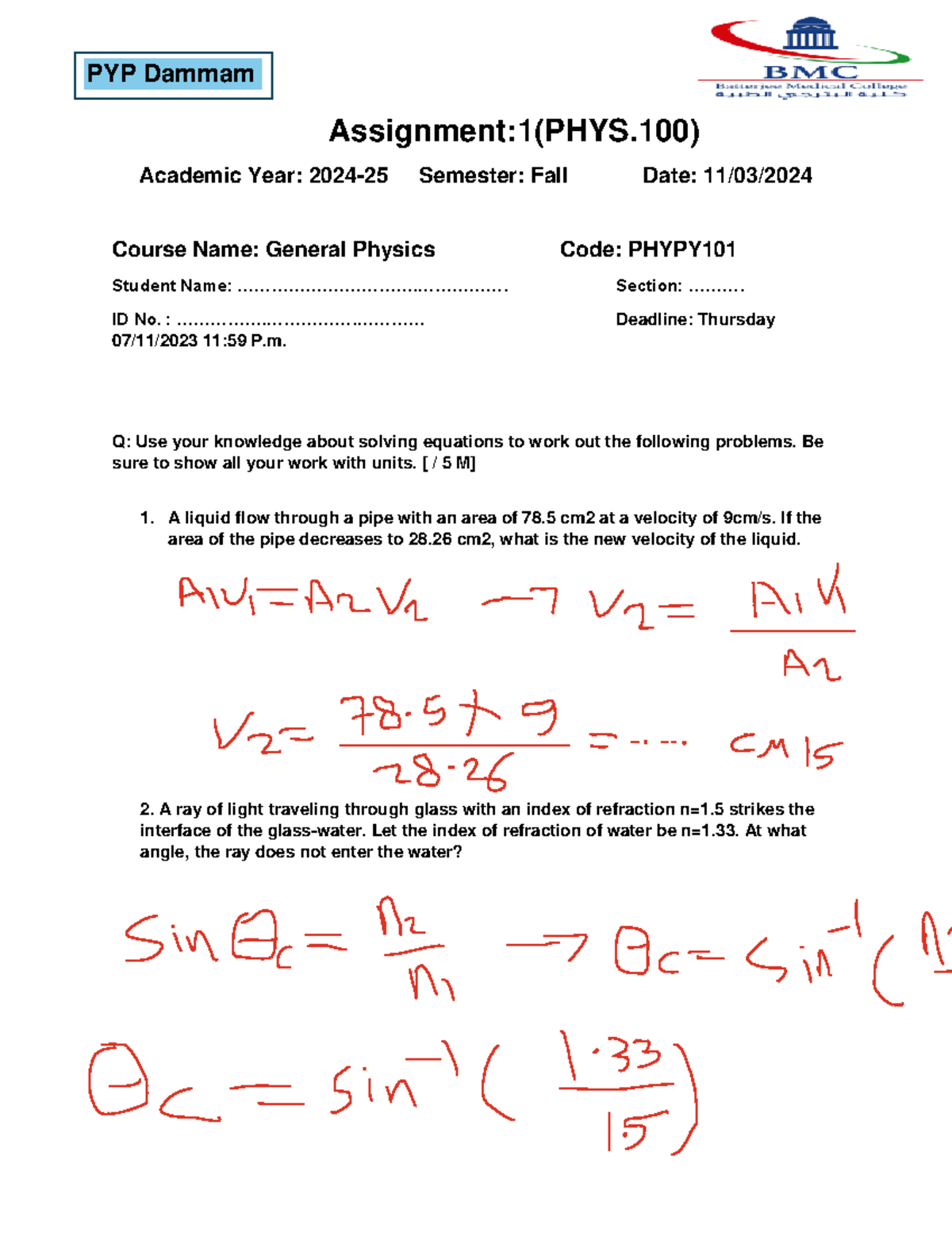 Assignment 1 - fcgngh - PYP Dammam Assignment:1(PHYS) Academic Year: 2024-25 Semester: Fall Date ...