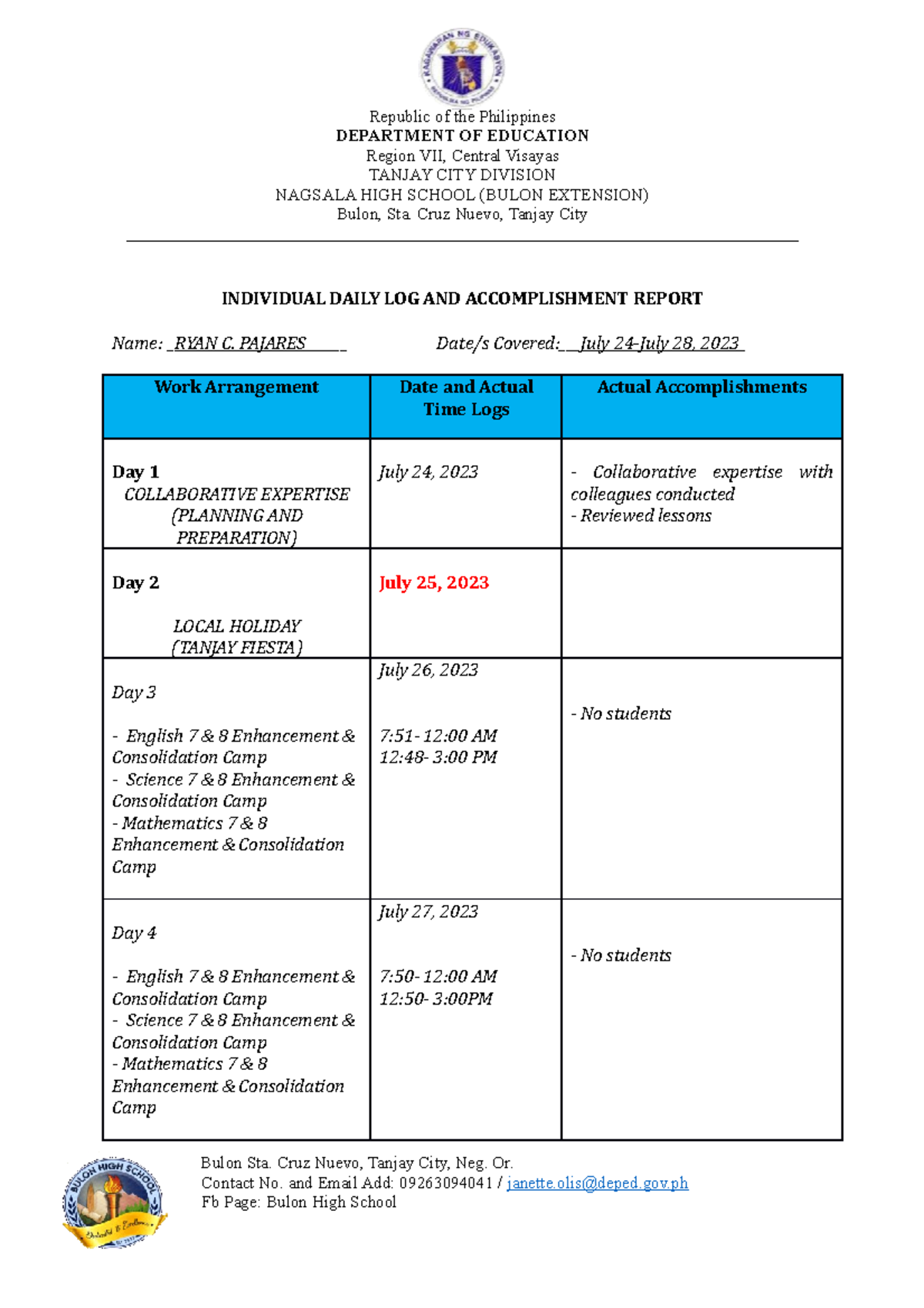 BHS WEEK1 Individual- Daily-LOG-AND- Accomplishment- Report (RYAN ...