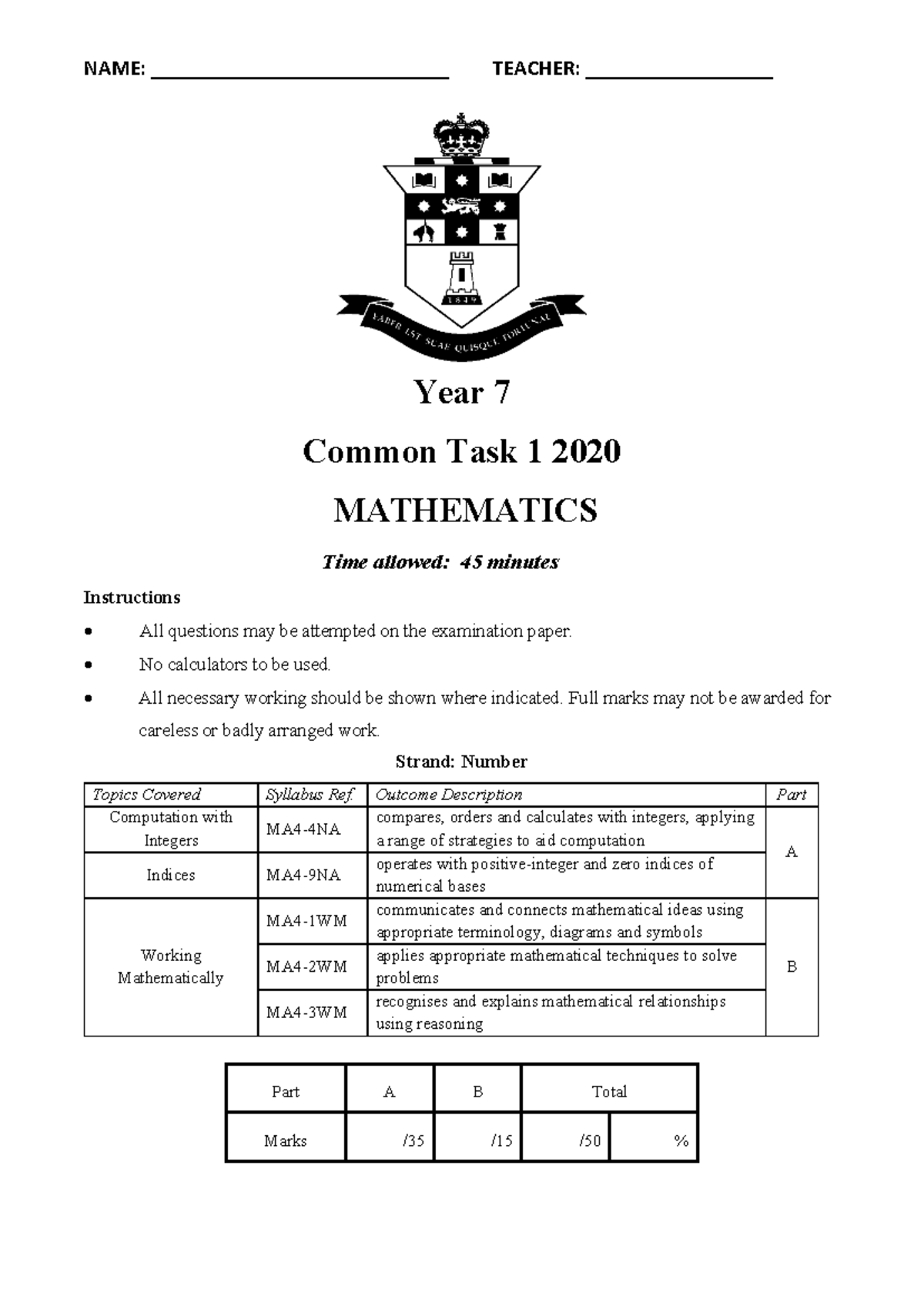 2020 Y7 Common Task 1 - Task 1 Questions - NAME: TEACHER: Year 7 Common ...