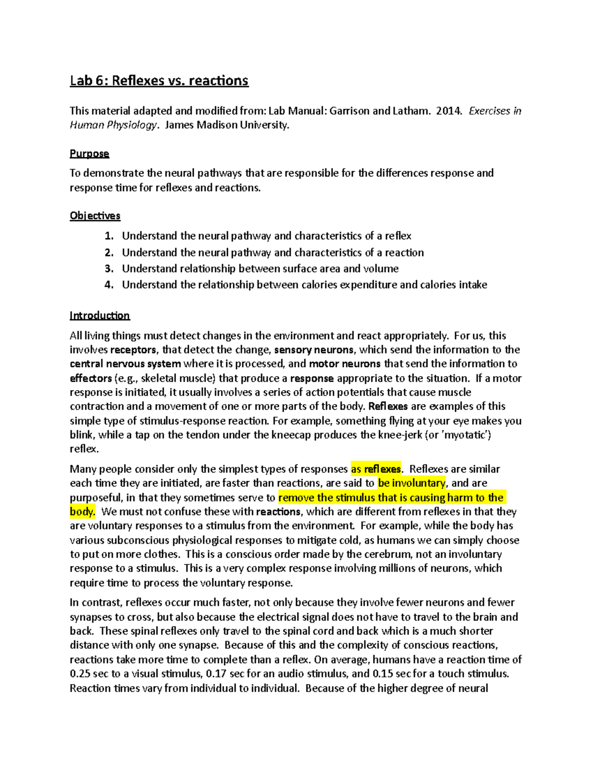 Biology 270 Lab 6 reflex - Lab 6: Reflexes vs. reactions This material ...