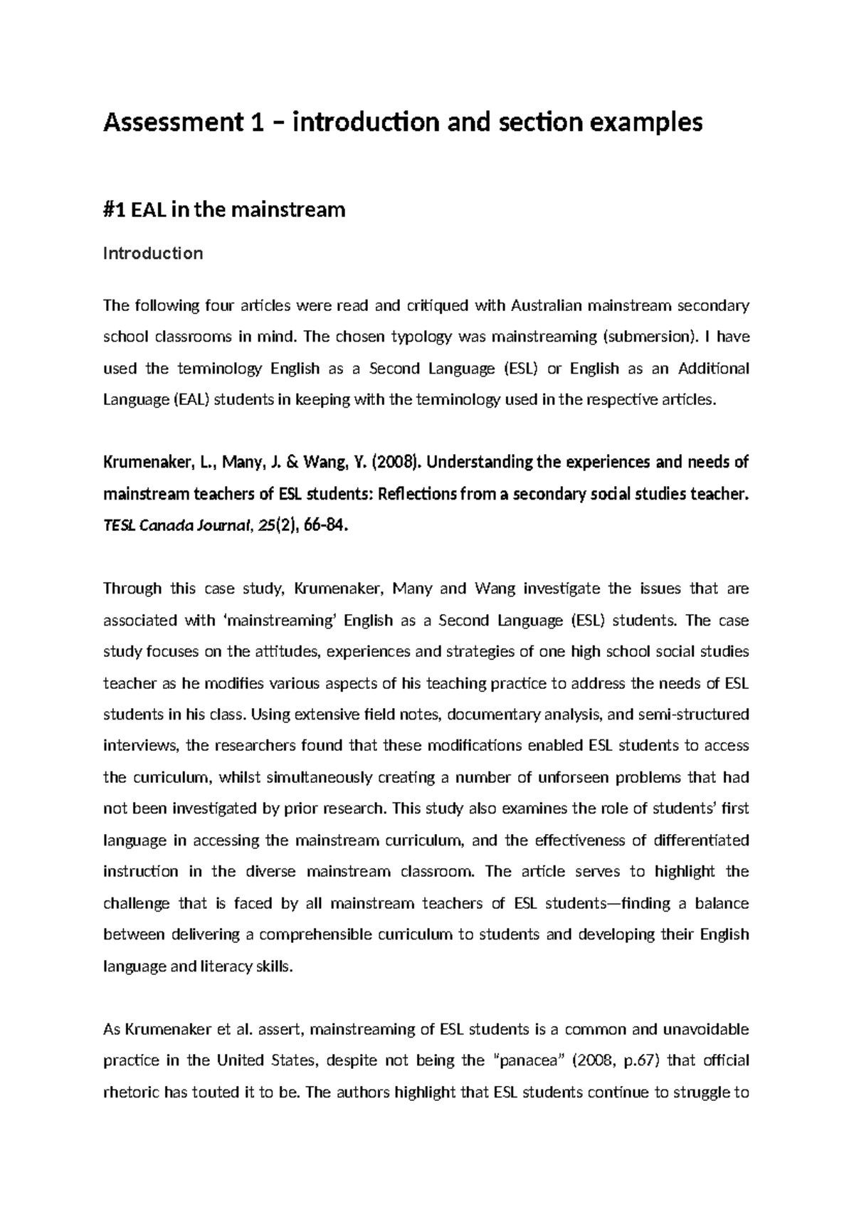 Assessment 1 – introduction and section examples - Assessment 1 ...